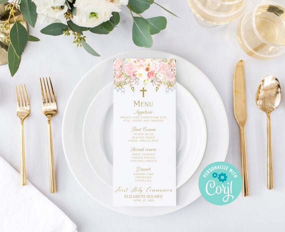 First communion menu template, girl communion, personalized printable ...