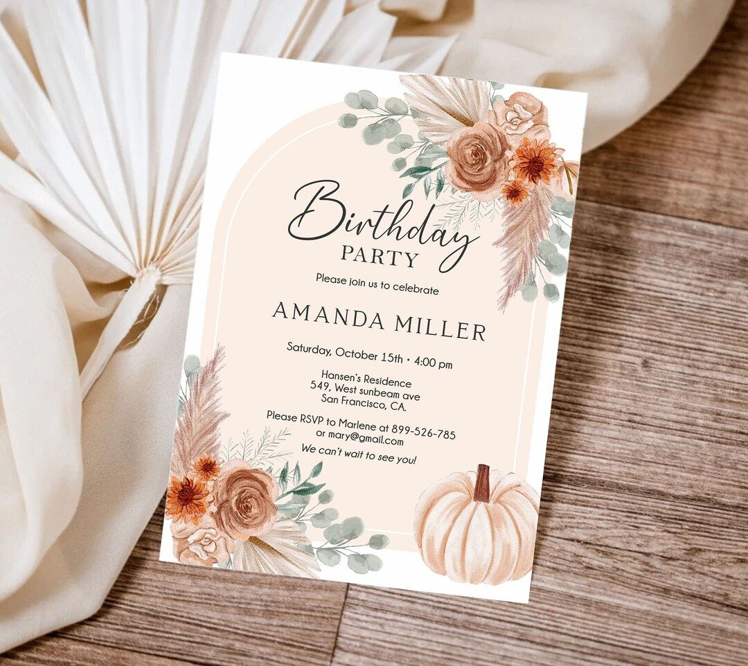 Autumn Floral Birthday Party Invitation, Fall Woman's Birthday Invite ...