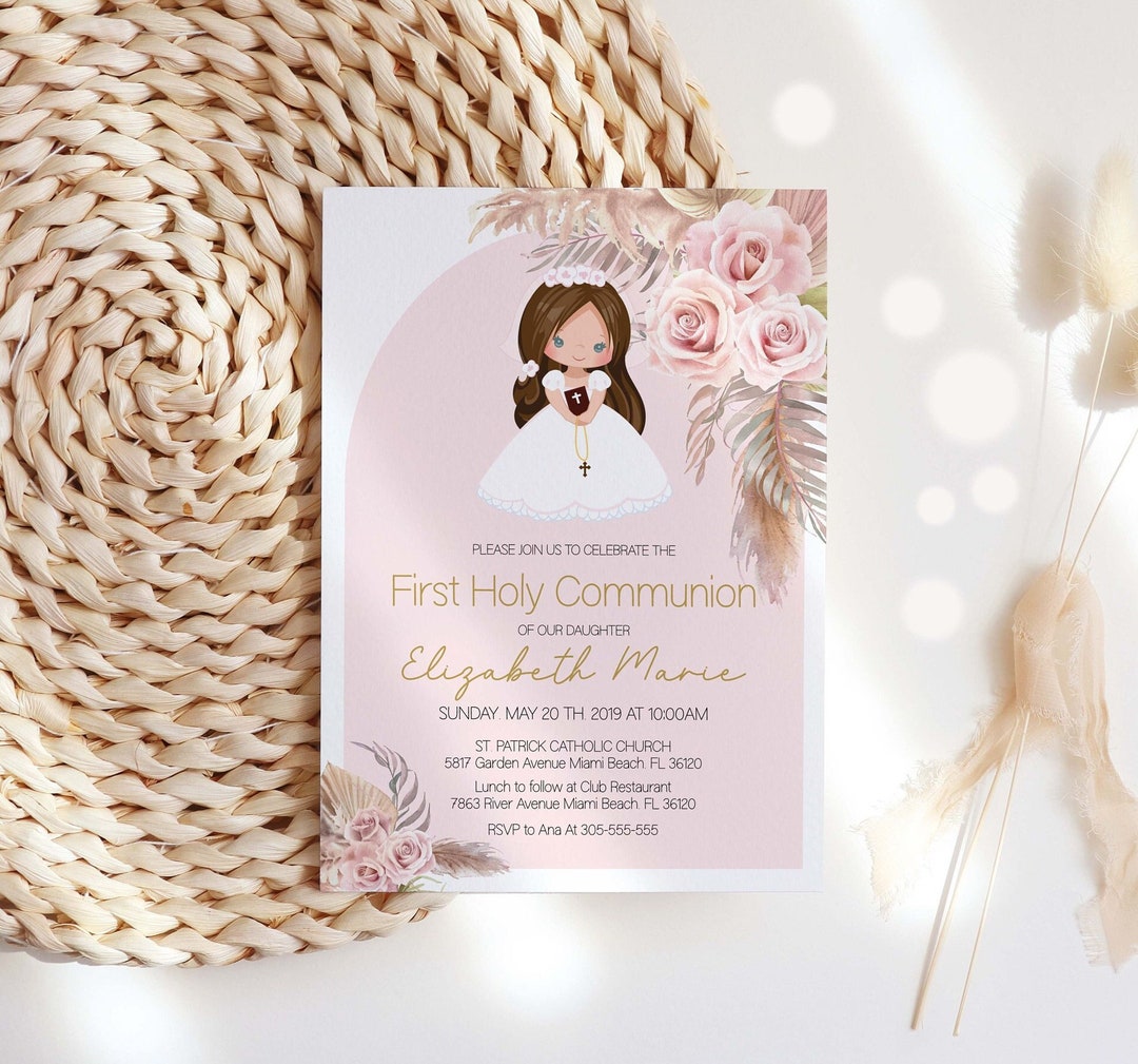 Girl First Holy Communion Invitation Template, Boho First Holy ...
