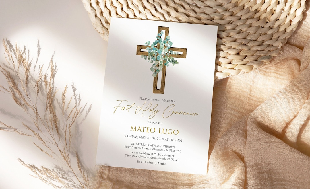 Rustic First Holy Communion Invitation Template, Cross Greenery ...