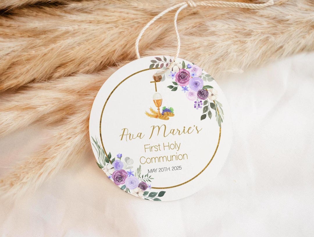 Girl First Holy Communion Favor Tag Template, Floral Purple and Chalice ...
