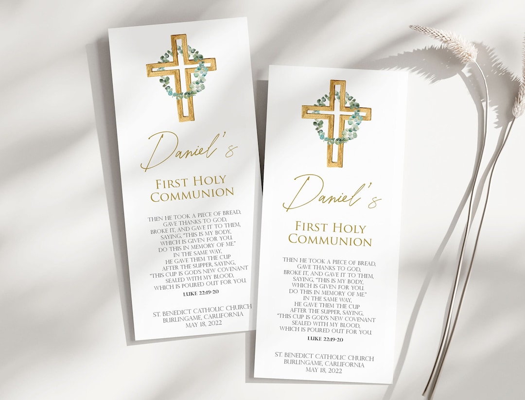 First Holy Communion Bookmark Favors - Editable Template, Wooden Cross ...