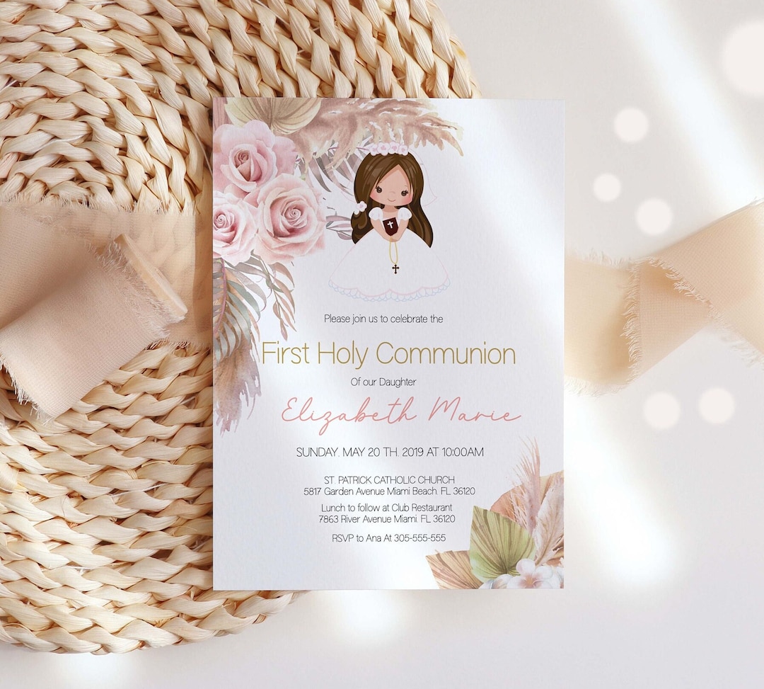 Girl First Holy Communion Invitation, Boho First Holy Communion ...