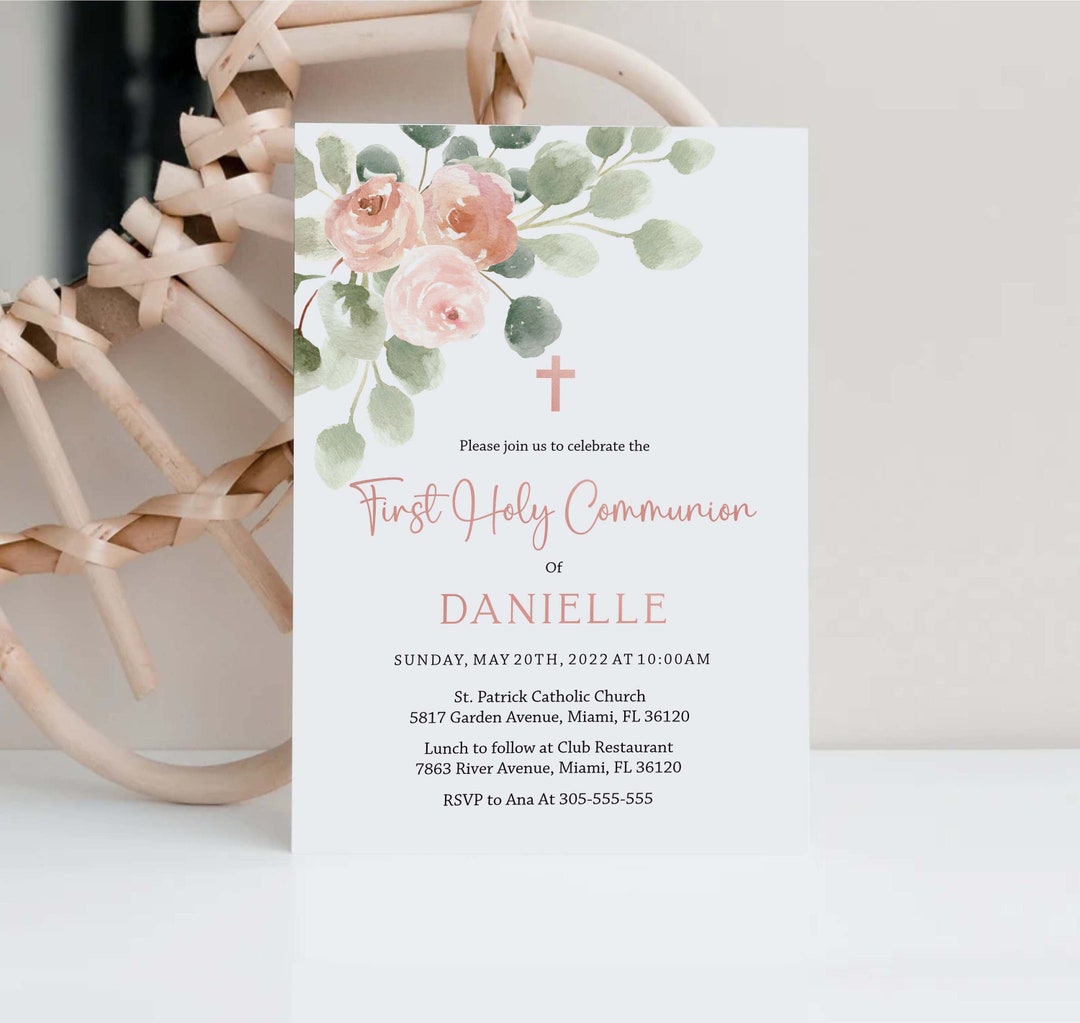 Girl First Holy Communion Printable Invitation, Dusty Pink First ...