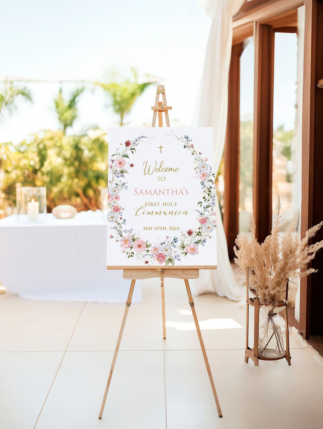Girl First Holy Communion Welcome Sign, Pink Wildflowers Wreath ...