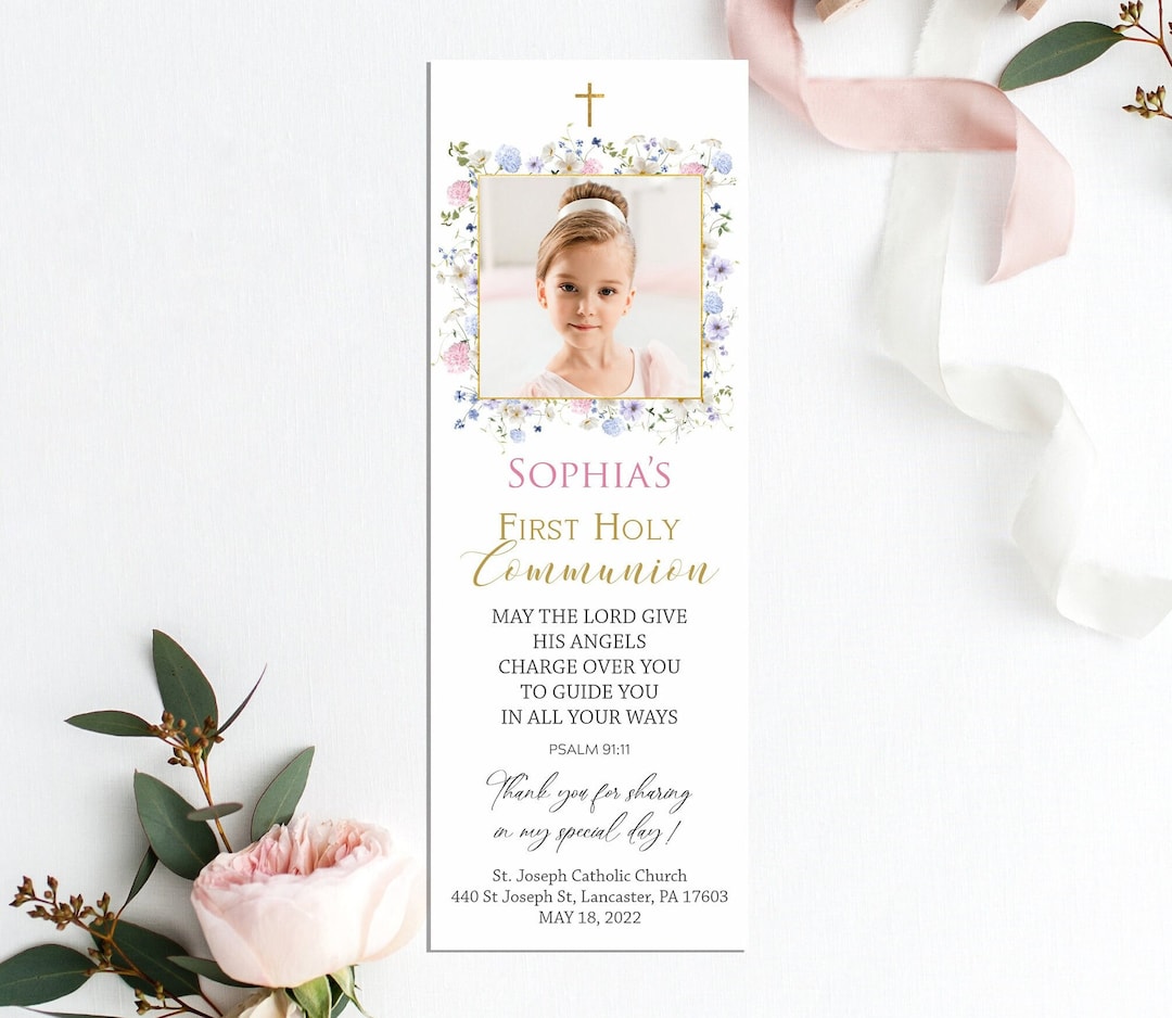 First Holy Communion Bookmark Favor Photo Template, Girl Communion ...