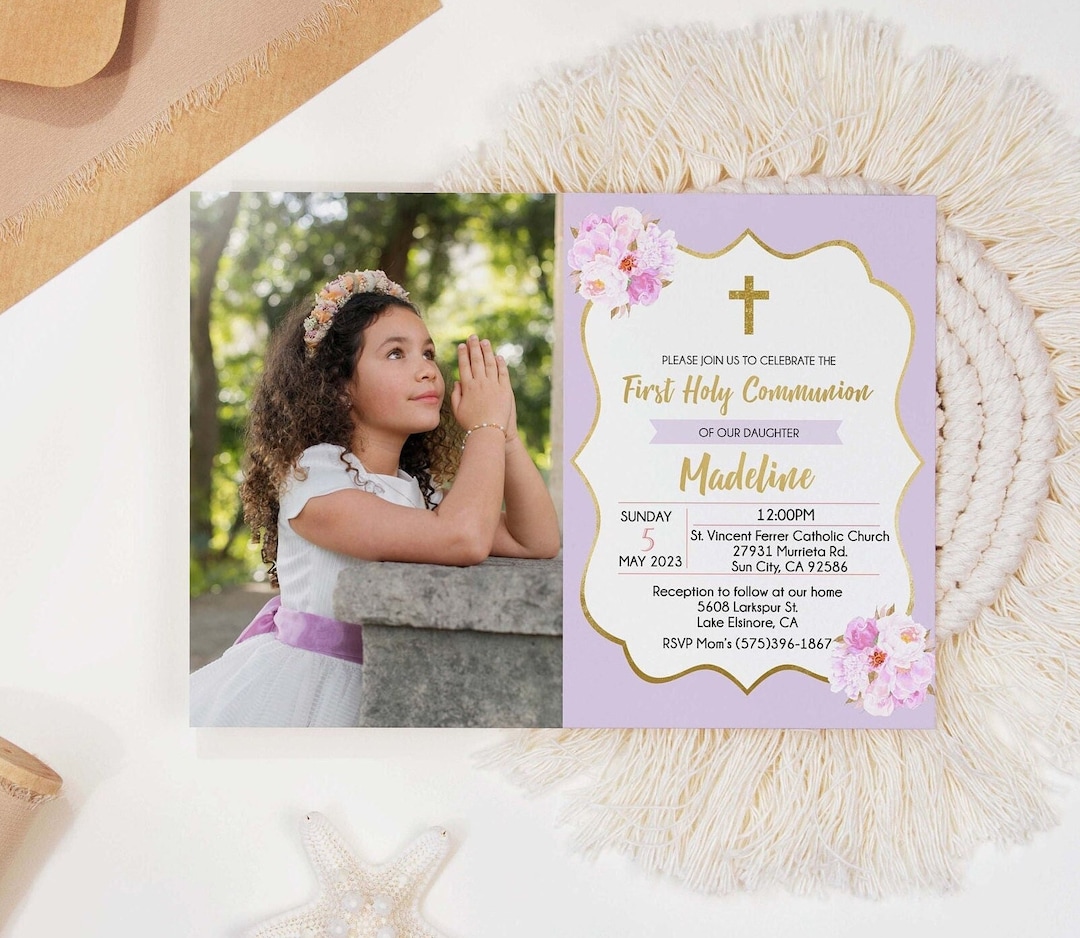 Girl First Communion Invitation Girl Lilac Photo Printable - Etsy