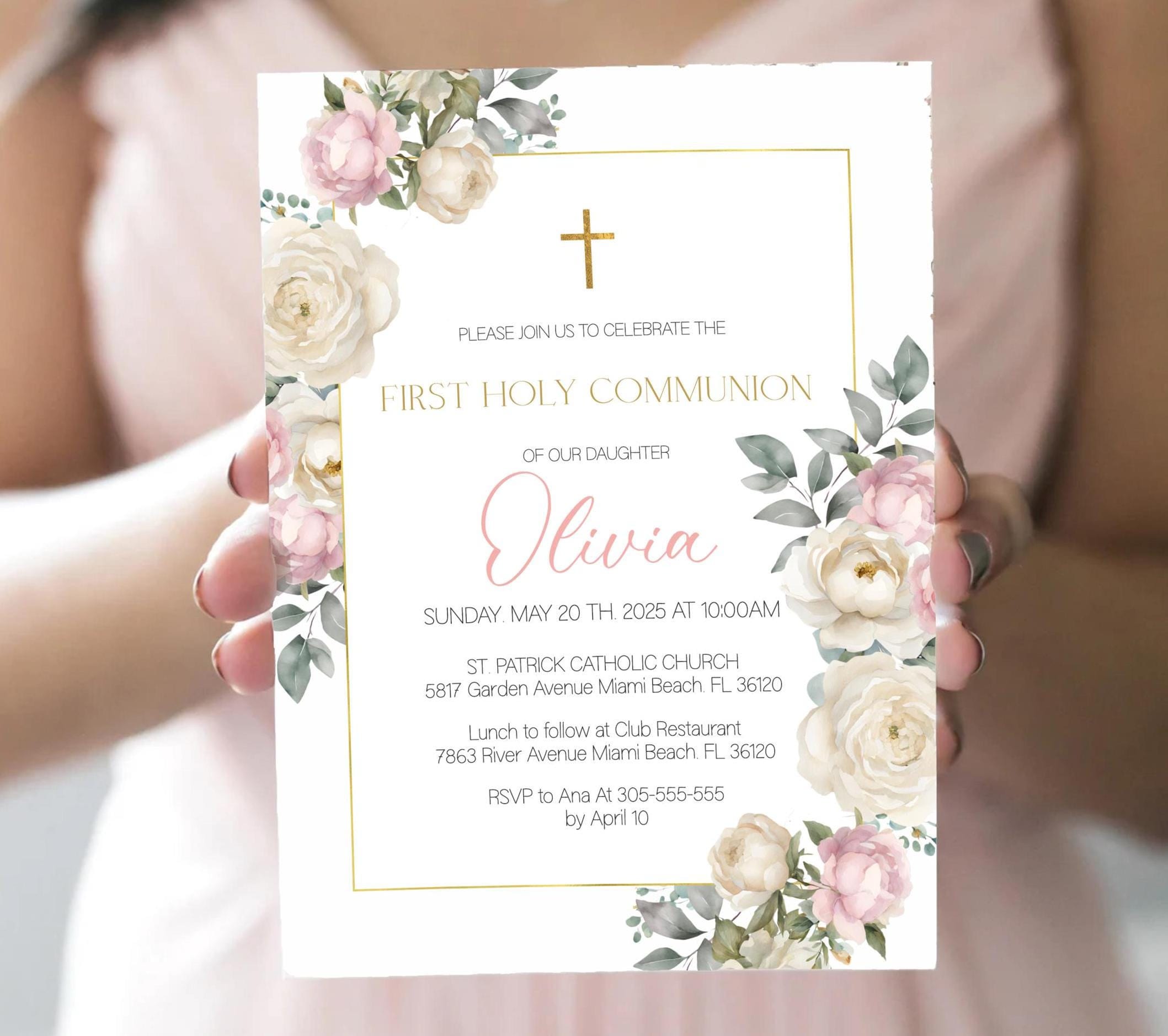 Girl First Holy Communion Invitation - Elegant Pink & Cream Floral ...