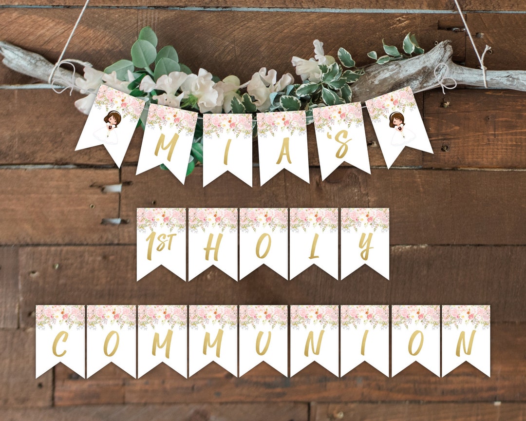 Banner Girl First Holy Communion, Communion Decorations, Floral Blush ...