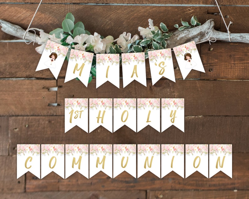 Banner Girl First Holy Communion, Communion Decorations, Floral Blush ...