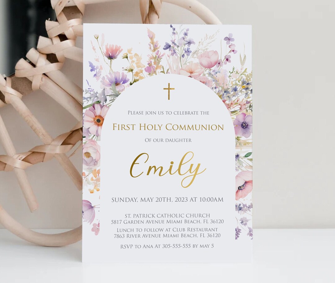 Wildflower First Holy Communion Invitation Template | Girl First ...