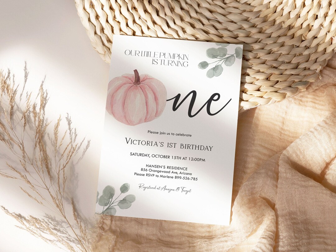 Pink First Birthday Invitation Girl, Fall Autumn 1st Birthday Invites ...