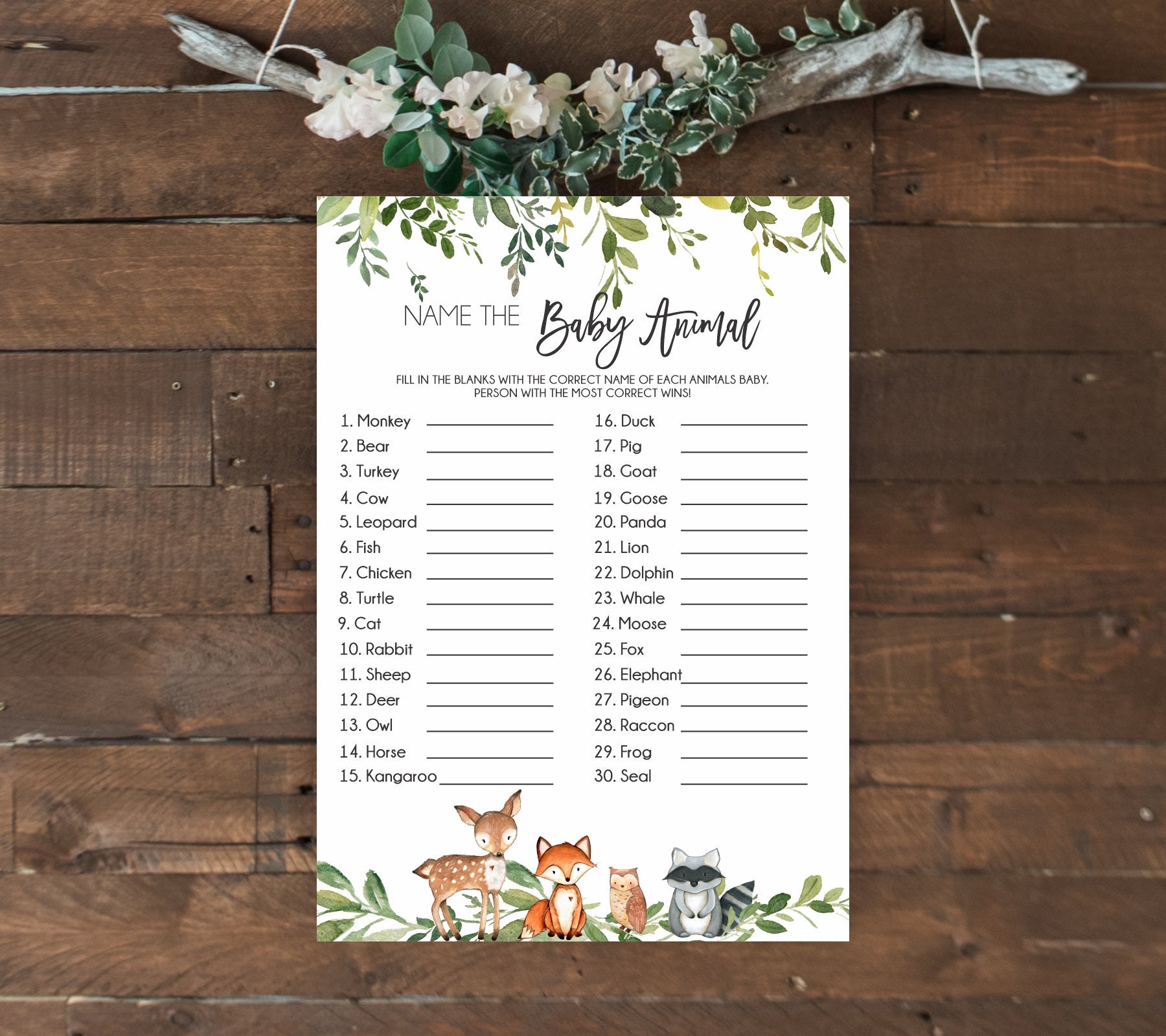 Name the Baby Animal Game Woodland Baby Shower Games - Etsy