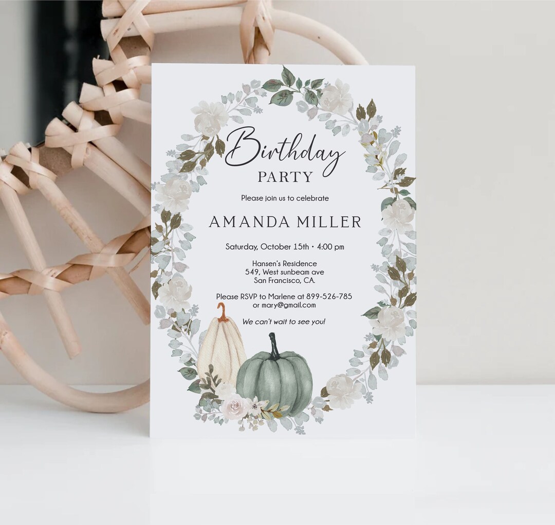 Fall Birthday Party Invitation, Fall Woman's Birthday Invite, Greenery ...