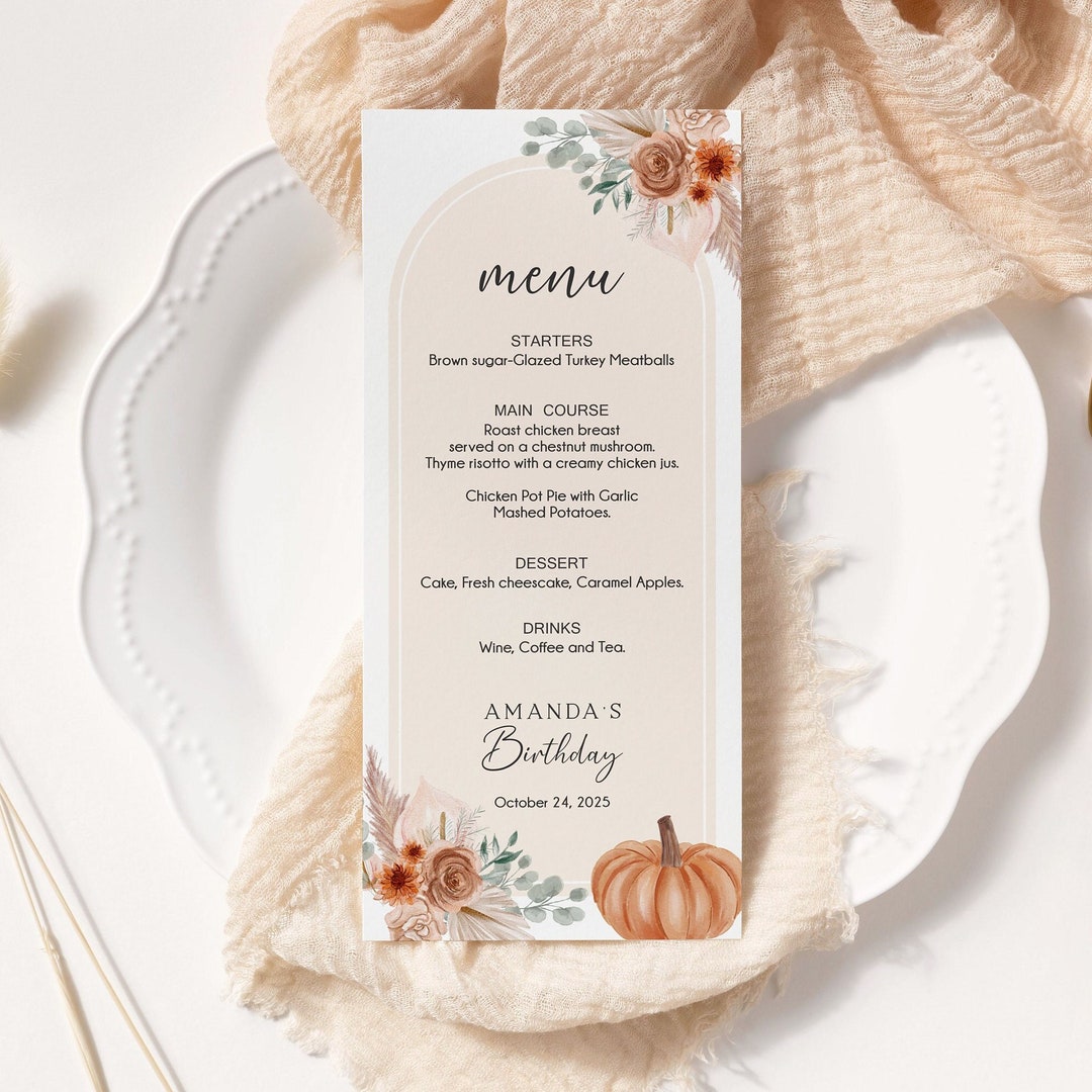 Fall Birthday Menu Card Template, Woman Pumpkin Birthday Printable Menu ...