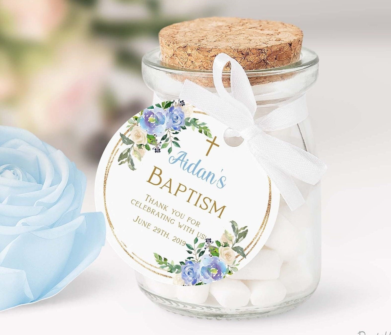 Favor Tags Boy Baptism, Christening Tags, Floral Blue and Gold ...