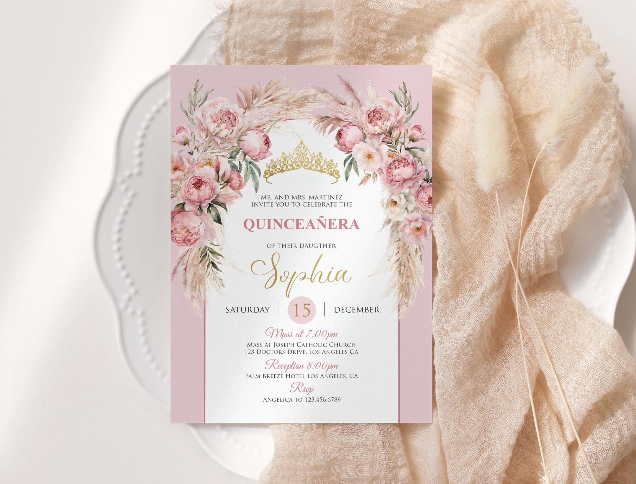 Blush Pink and Gold Quinceañera Invitation | Editable Rose & Floral ...