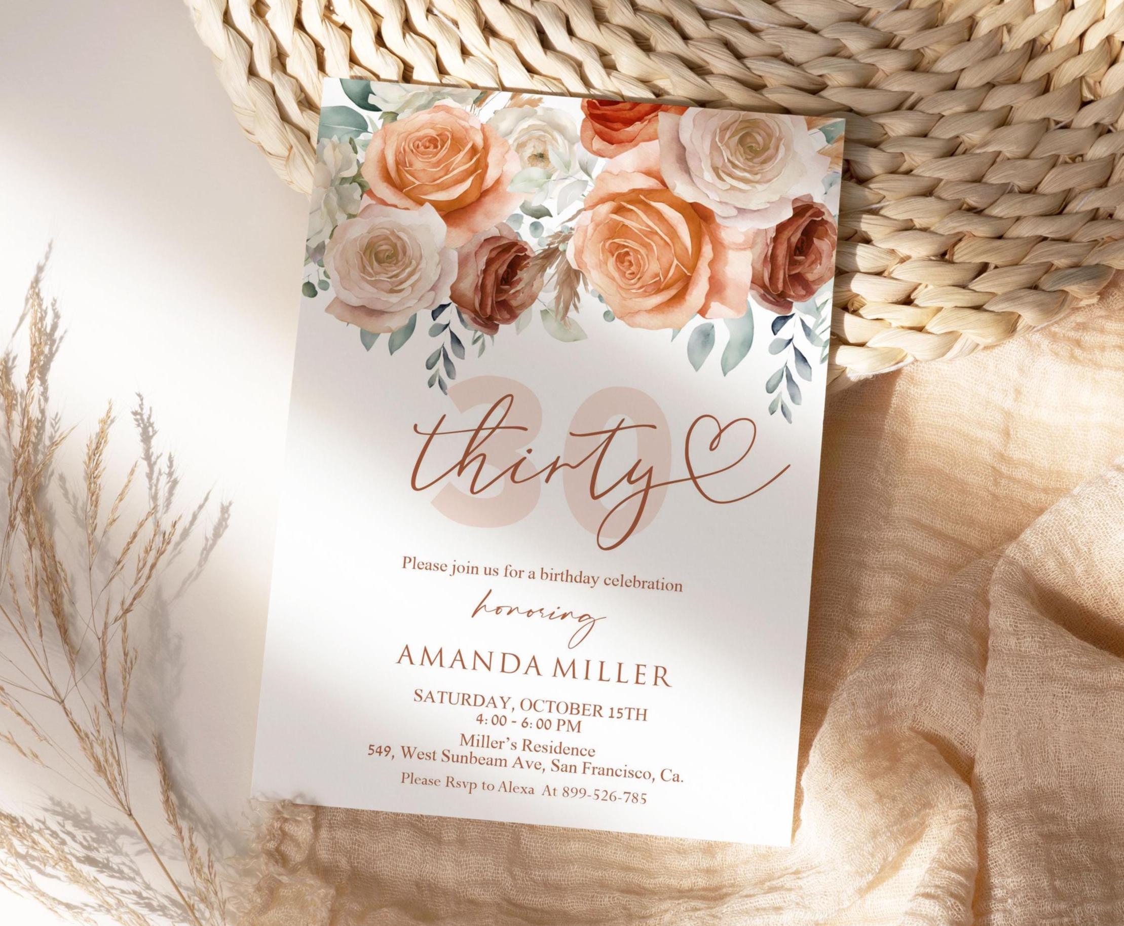 Editable 30th Birthday Invitation – Boho Floral Watercolor Terracotta ...