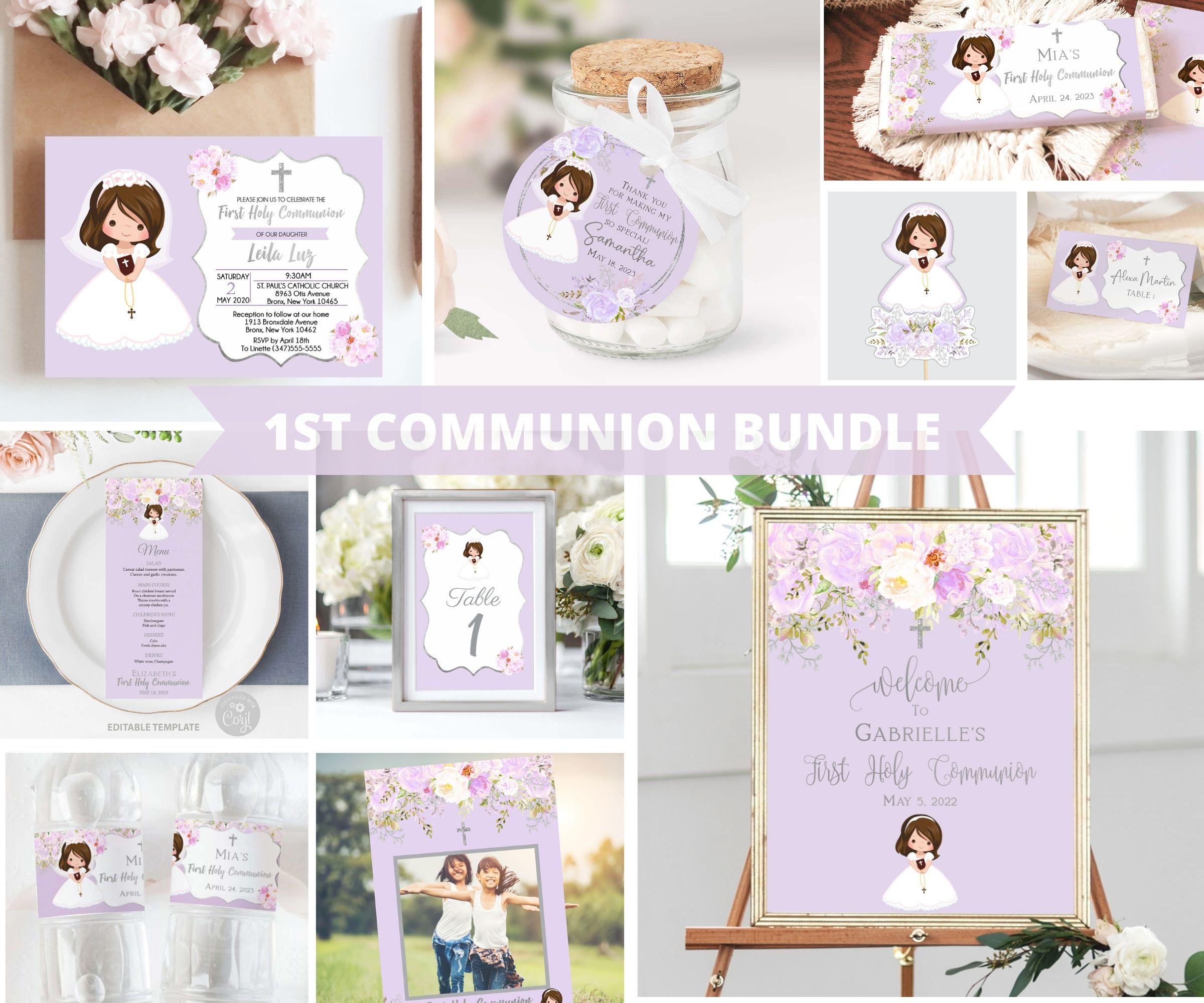 Girl First Communion Menu Template | Editable Floral Purple Menu Card ...