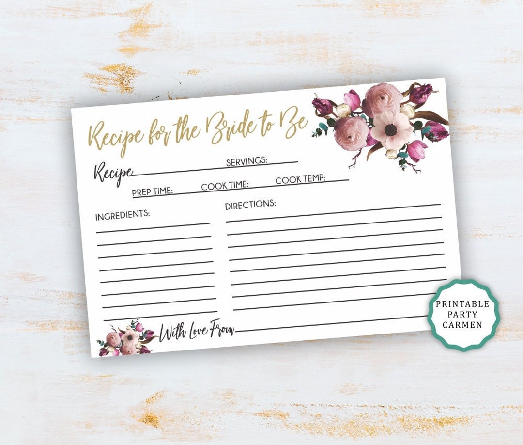 Printable Recipe Card, Bridal Shower Recipe Card, Floral Recipe Card ...