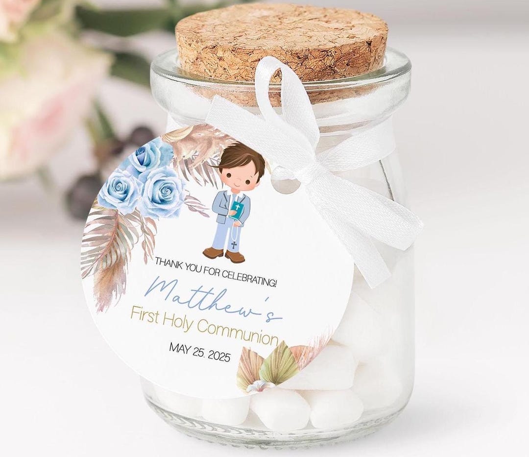 Boho First Communion Favor Tags for Boy, First Communion Labels ...