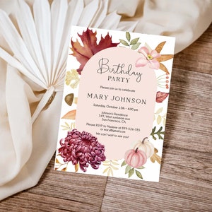 Autumn Floral Birthday Party Invitation, Fall Woman's Birthday Invite ...