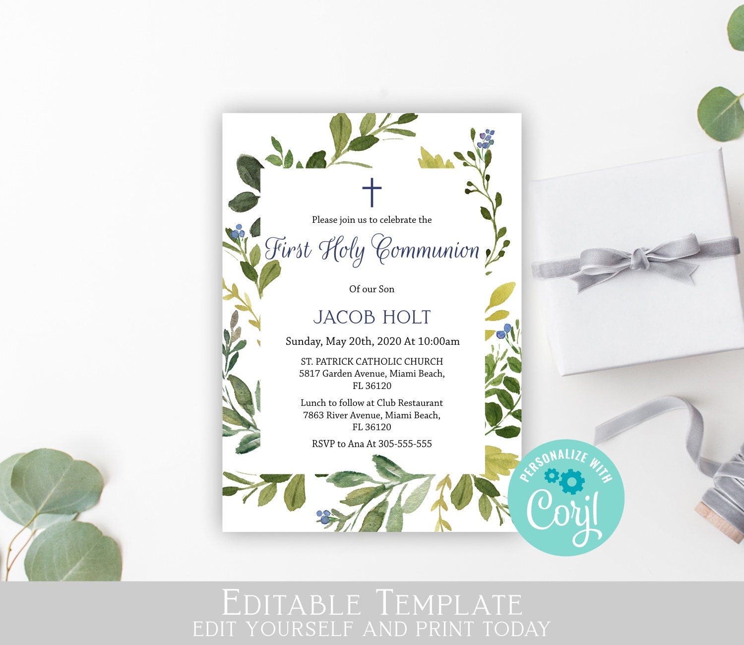 Greenery First Communion Invitation Printable Invitation | Etsy