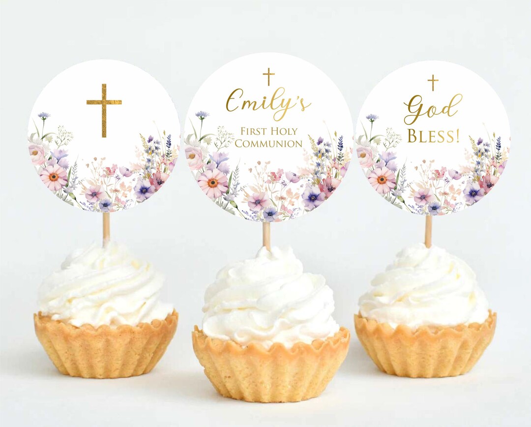 Cupcake Toppers for Girl First Holy Communion Template, Wildflower 1st ...
