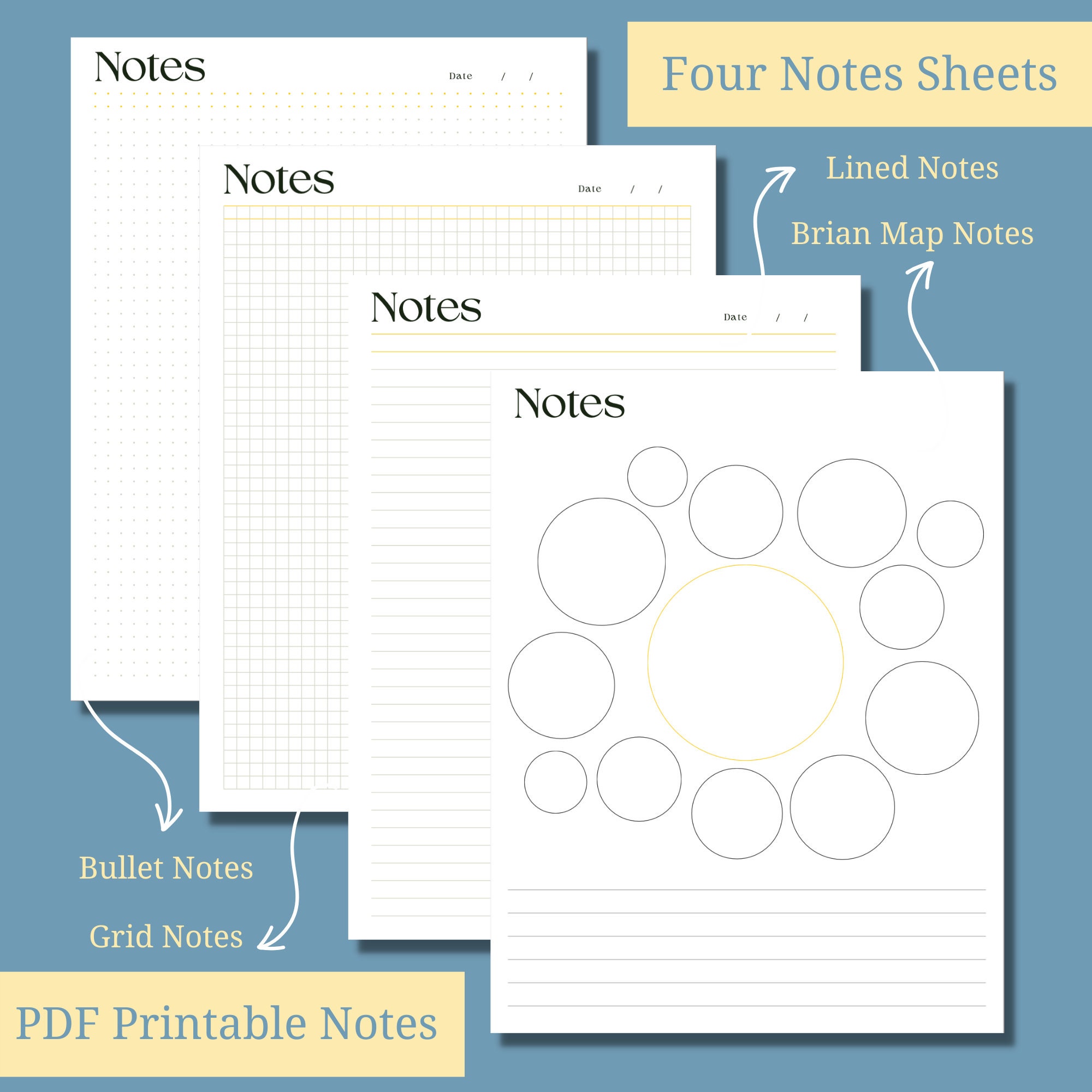 Printable Notes Sheets | Lined | Bullet | Grid | Brain Map Notes | PDF ...