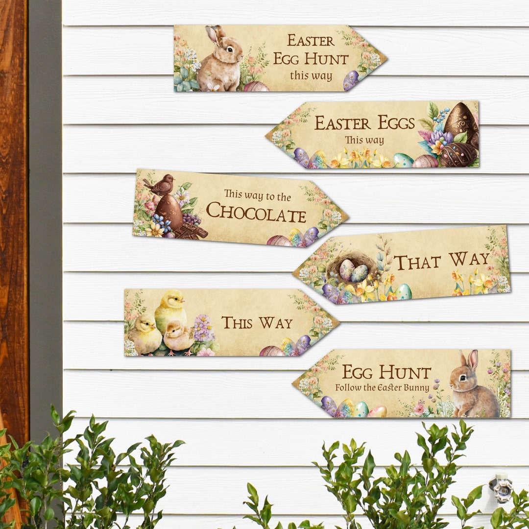 6 Easter Egg Hunt Arrows Signs Vintage Style Bunnies, Chicks ...