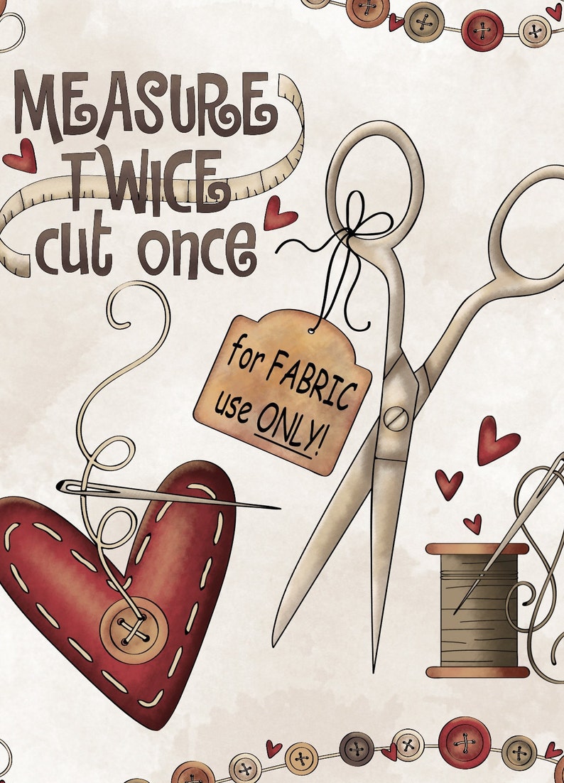 Primitive Style Sewing Themed'measure Twice Cut Once' A4 Card Wall Art ...