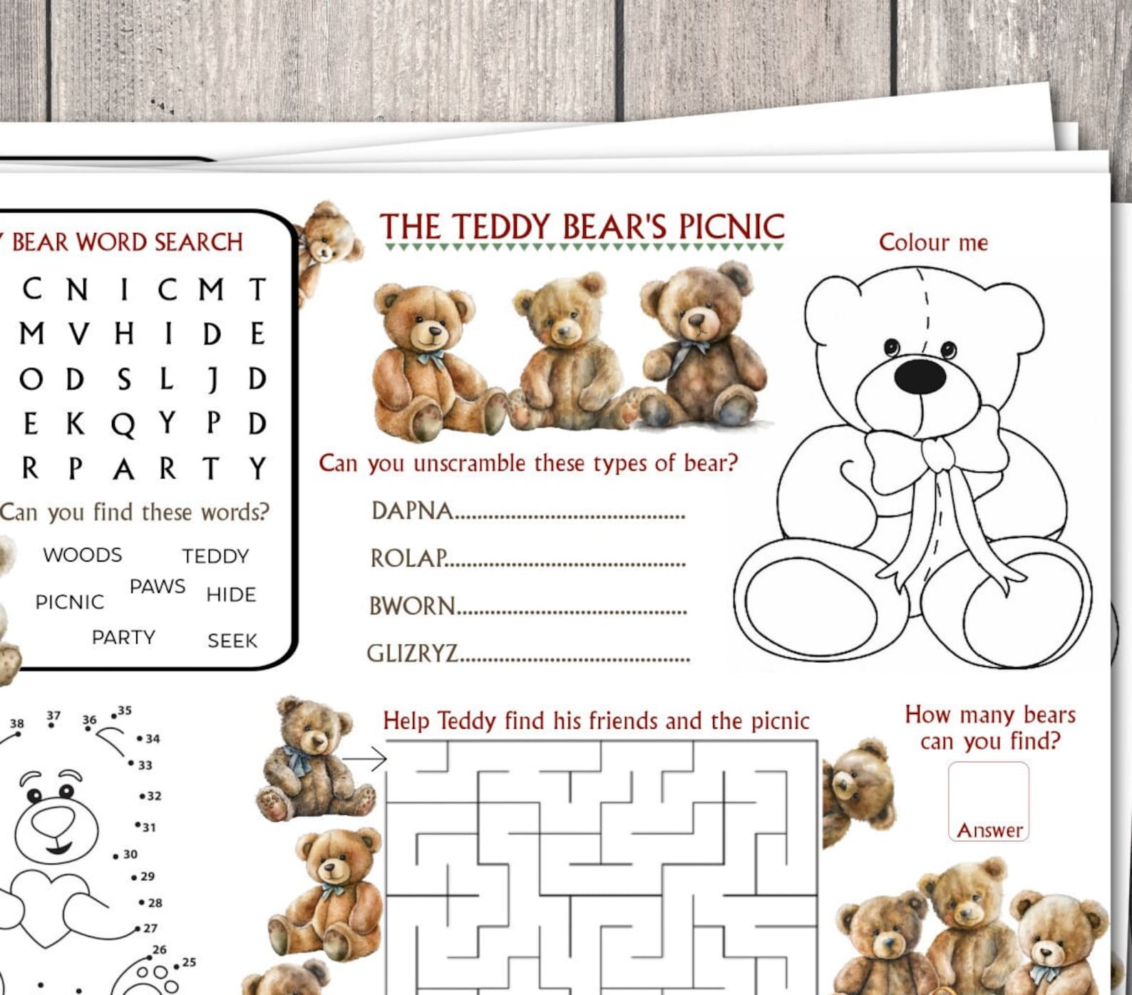 Teddy Bears Picnic Activity Games Puzzle Sheet Table Place Mat ...