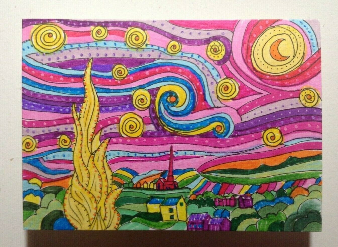 ACEO Pink Starry Night Original Art Painting | Etsy