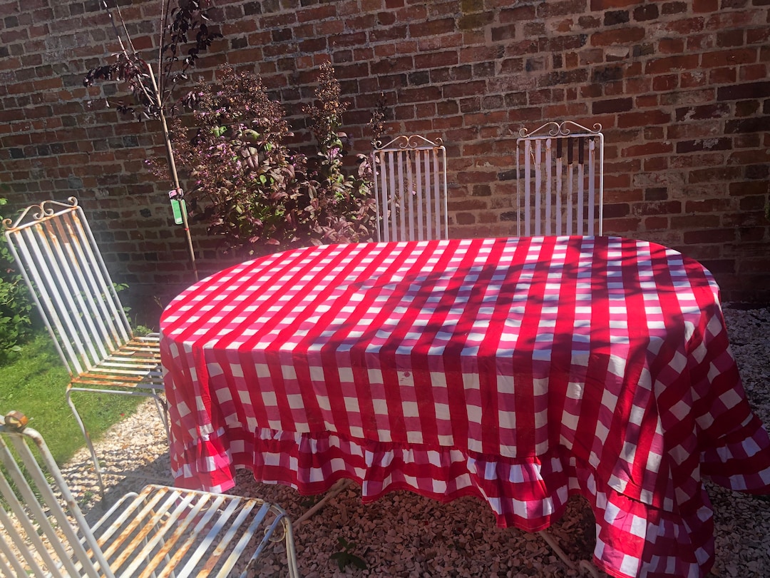 Gingham Ruffled Tablecloth, Block Printed Tablecloth, Wood Block Print ...