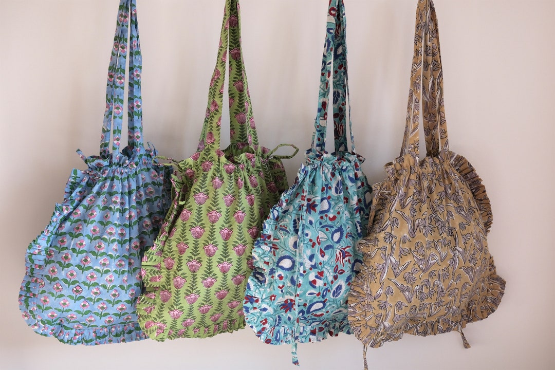 Pleated Tote Bag, Ruffle Tote Bag, Block Print Tote Bag, Ruffle Floral ...