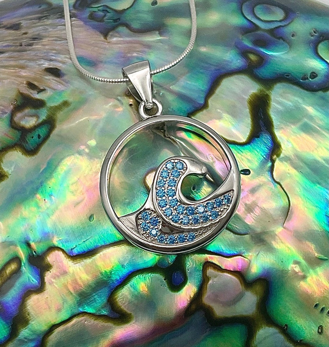 Small Sterling Silver Blue Topaz Tropical Ocean Hawaiian Wave Necklace ...
