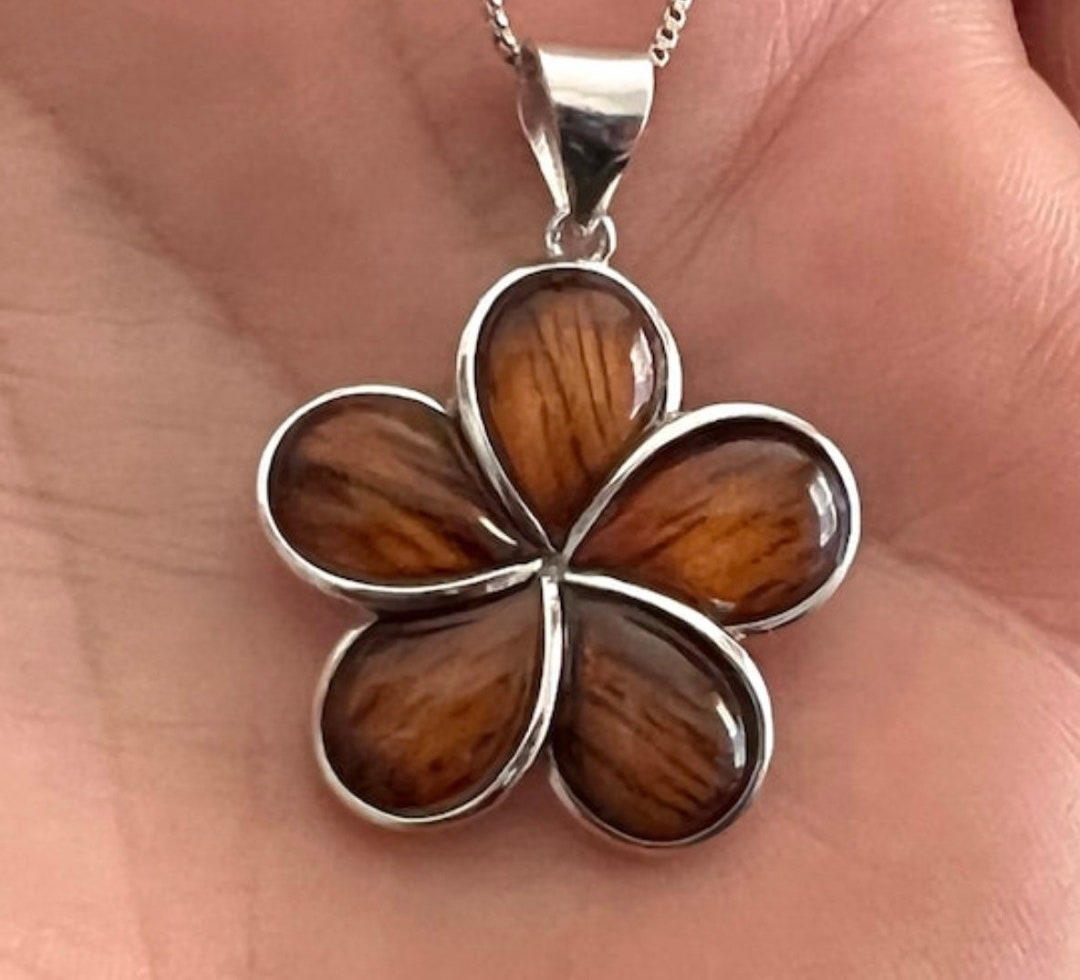 Sterling Silver Hawaiian Plumeria Flower Frangipani Koa Wood Necklace ...