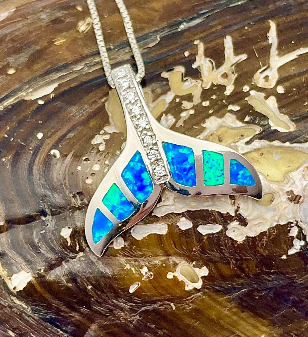 Whale Jewelry, Sterling Silver Blue Opal Whales Tail Cubic Zirconia ...