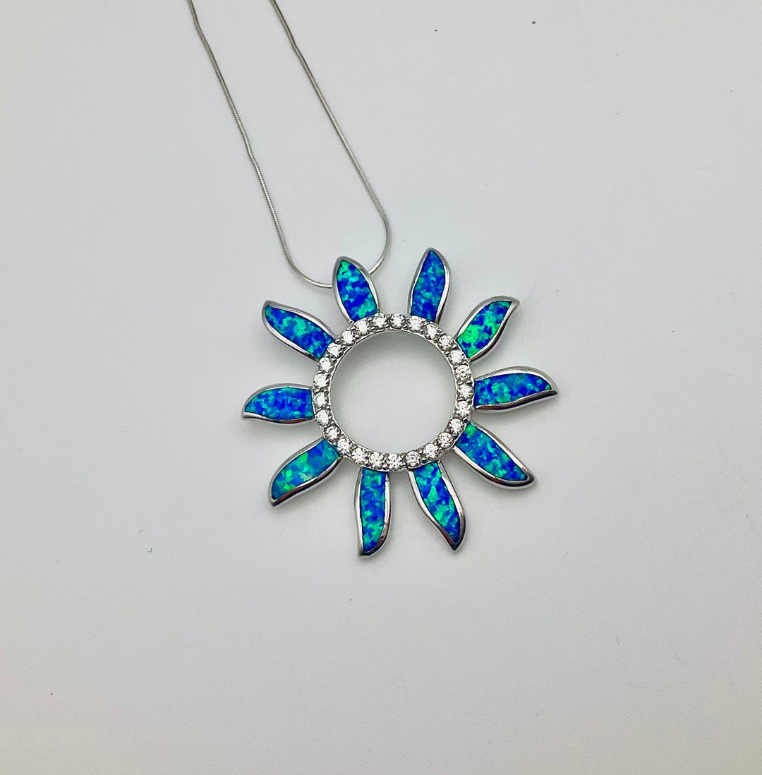 Extremely Large Sterling Silver Hawaiian Sun Blue Fire Opal Necklace, Celestial Jewelry ...