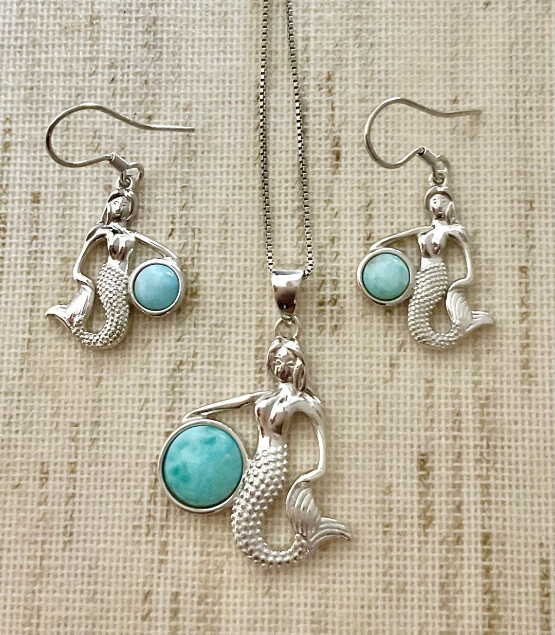 Sterling Silver Larimar Mermaid Jewelry Set, Mermaid Necklace, Mermaid ...