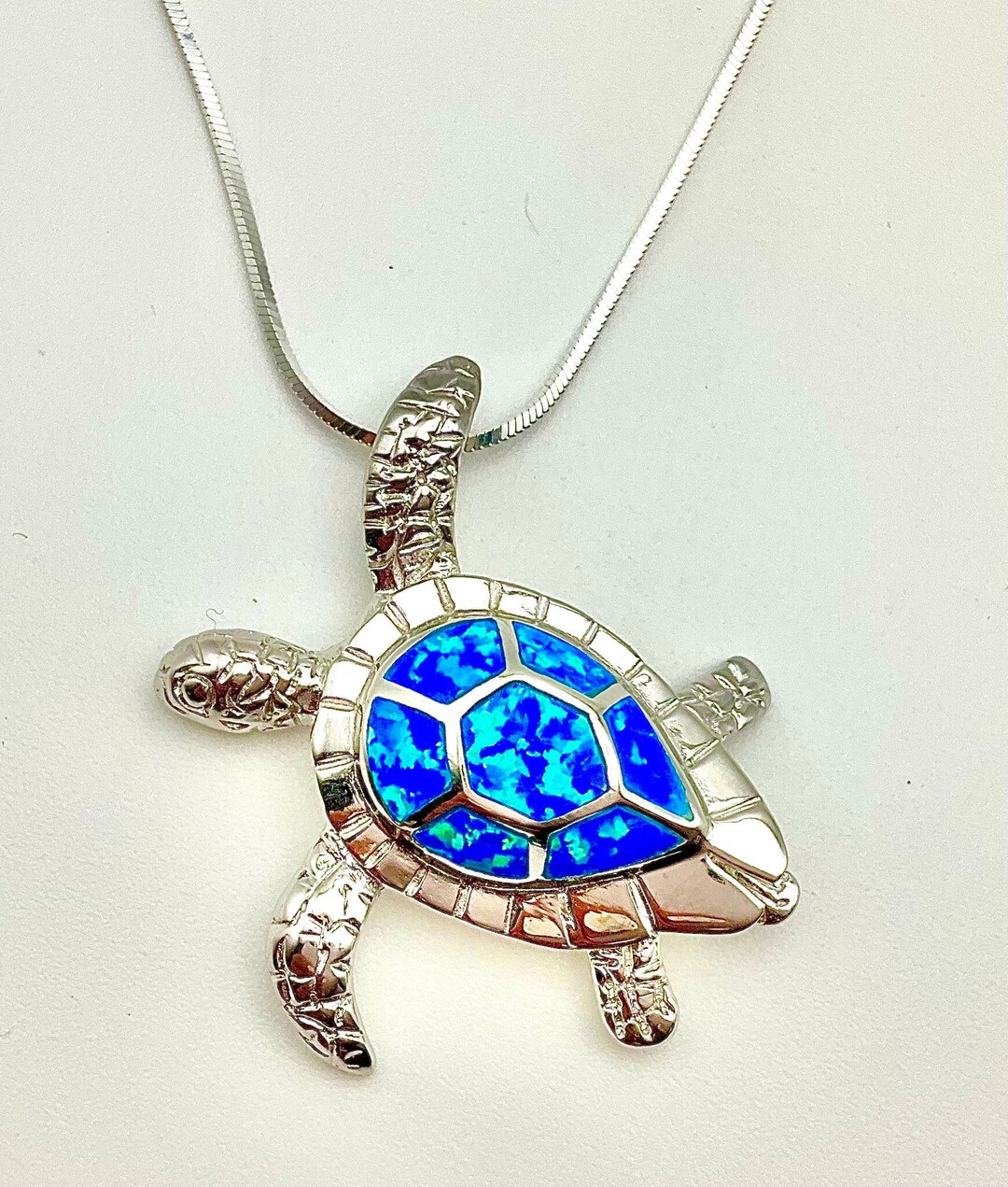 Large Blue Opal Sea Turtle Sterling Silver Hawaiian Honu Necklace ...