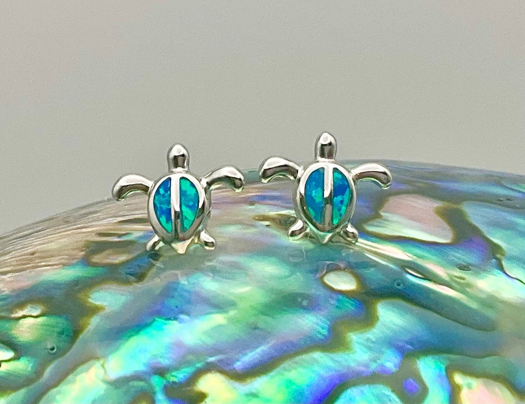 Small Sterling Silver Hawaiian Blue Fire Opal Sea Turtle Stud Post ...