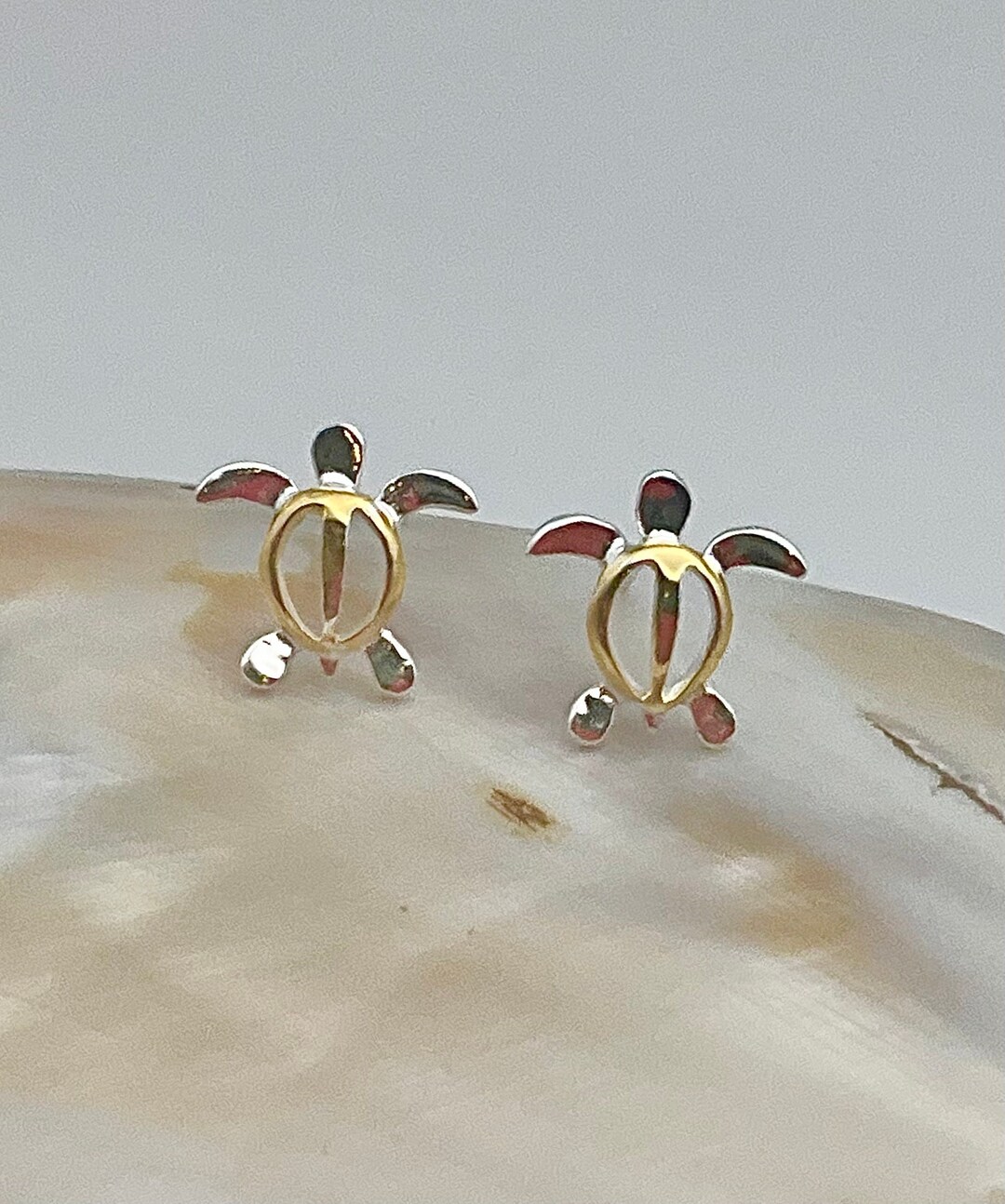Sterling Silver With 14K Gold Sea Turtle Honu Hawaiian Small Stud ...
