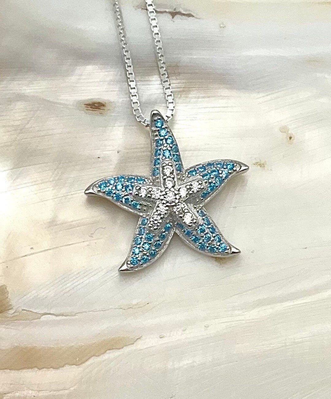Sterling Silver Blue Topaz Starfish Necklace, Beach Jewelry, Starfish ...