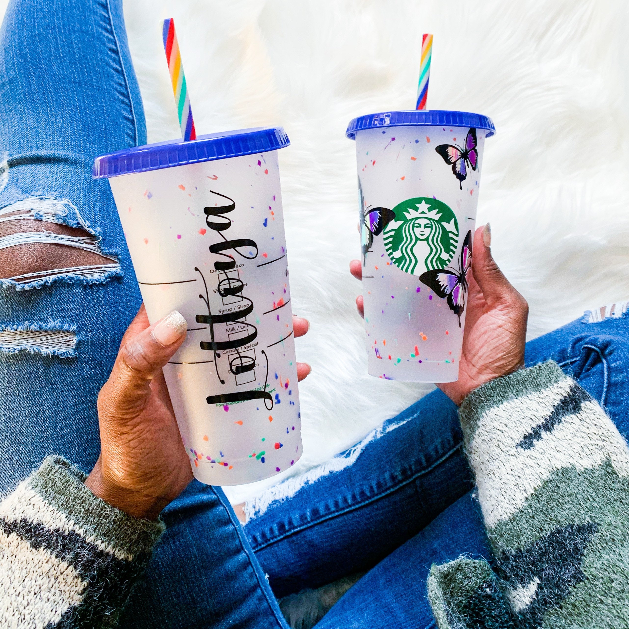 Cold cup Custom Holographic Butterfly 24oz Color Change Cup with Lid ...