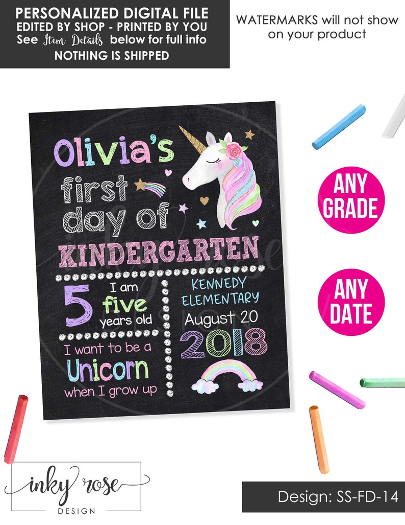 Unicorn First Day of Kindergarten Sign PRINTABLE, Back to School Sign ...
