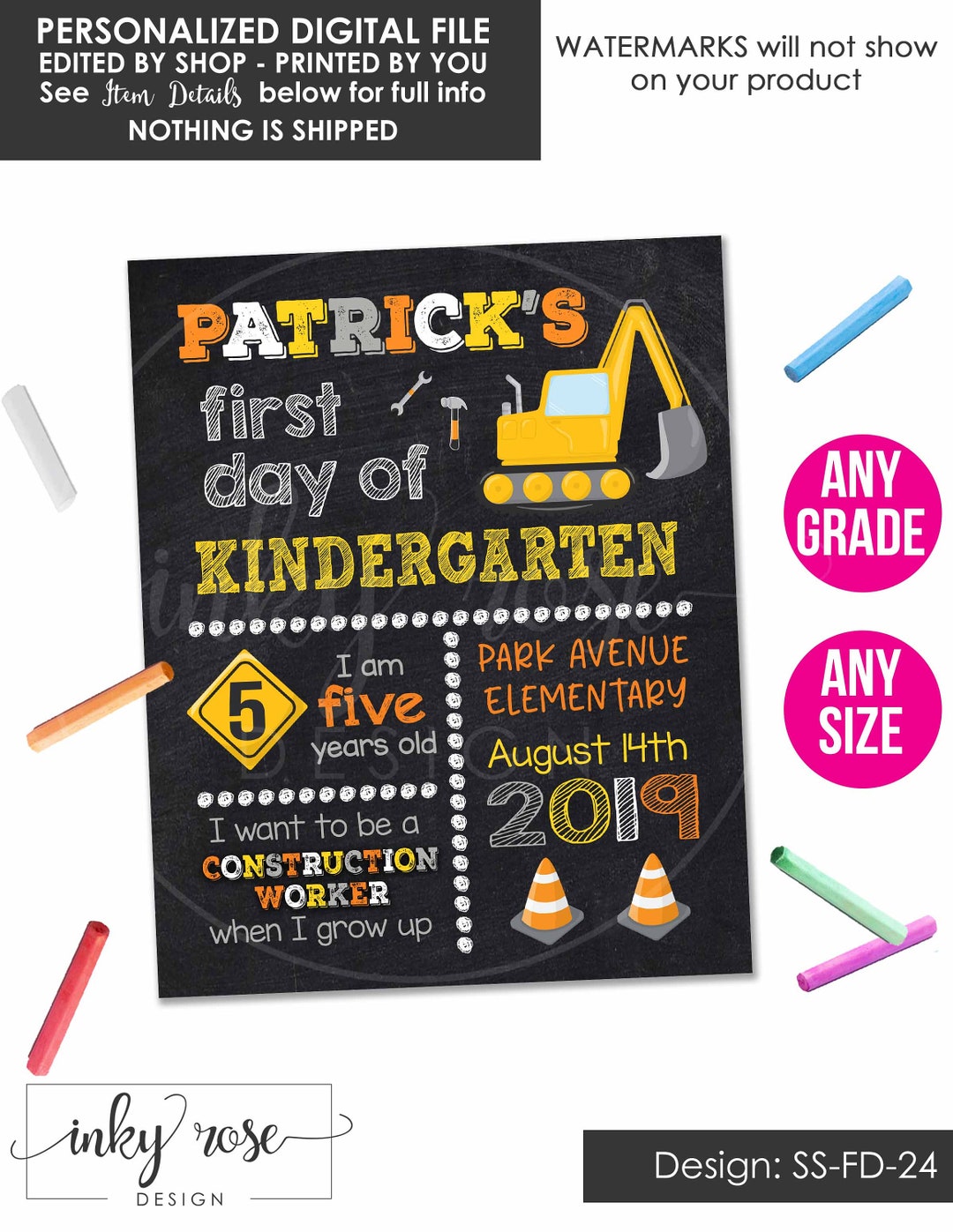 Construction First Day of School Sign Chalkboard PRINTABLE, 1st First ...