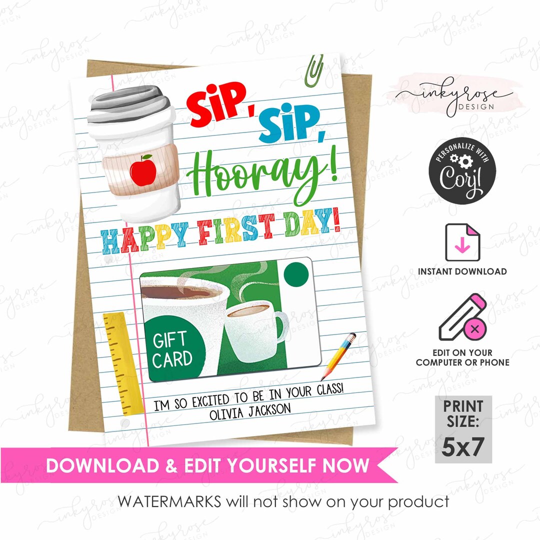 First Day of School Gift Card Holder PRINTABLE, Editable Back to School ...