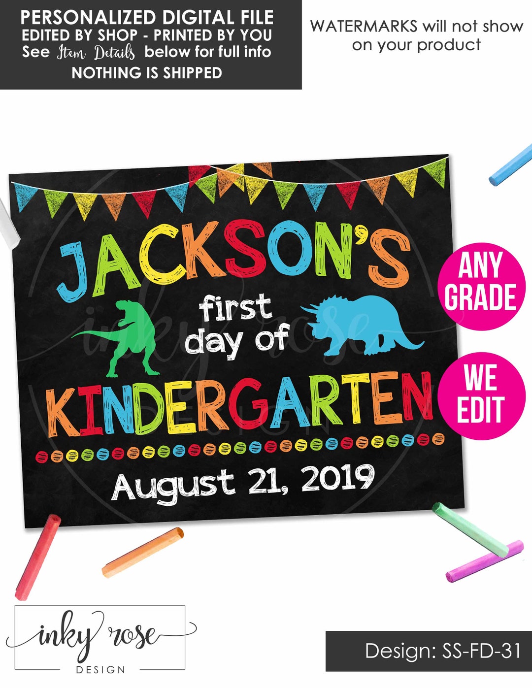 Dinosaur First Day of Kindergarten Chalkboard Sign PRINTABLE, 1st Day ...