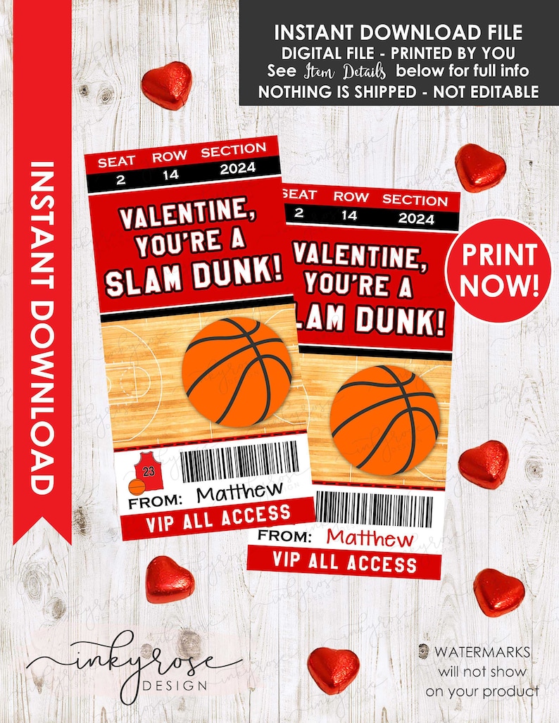 Basketball Valentines Day Card INSTANT DOWNLOAD Kids Valentines ...